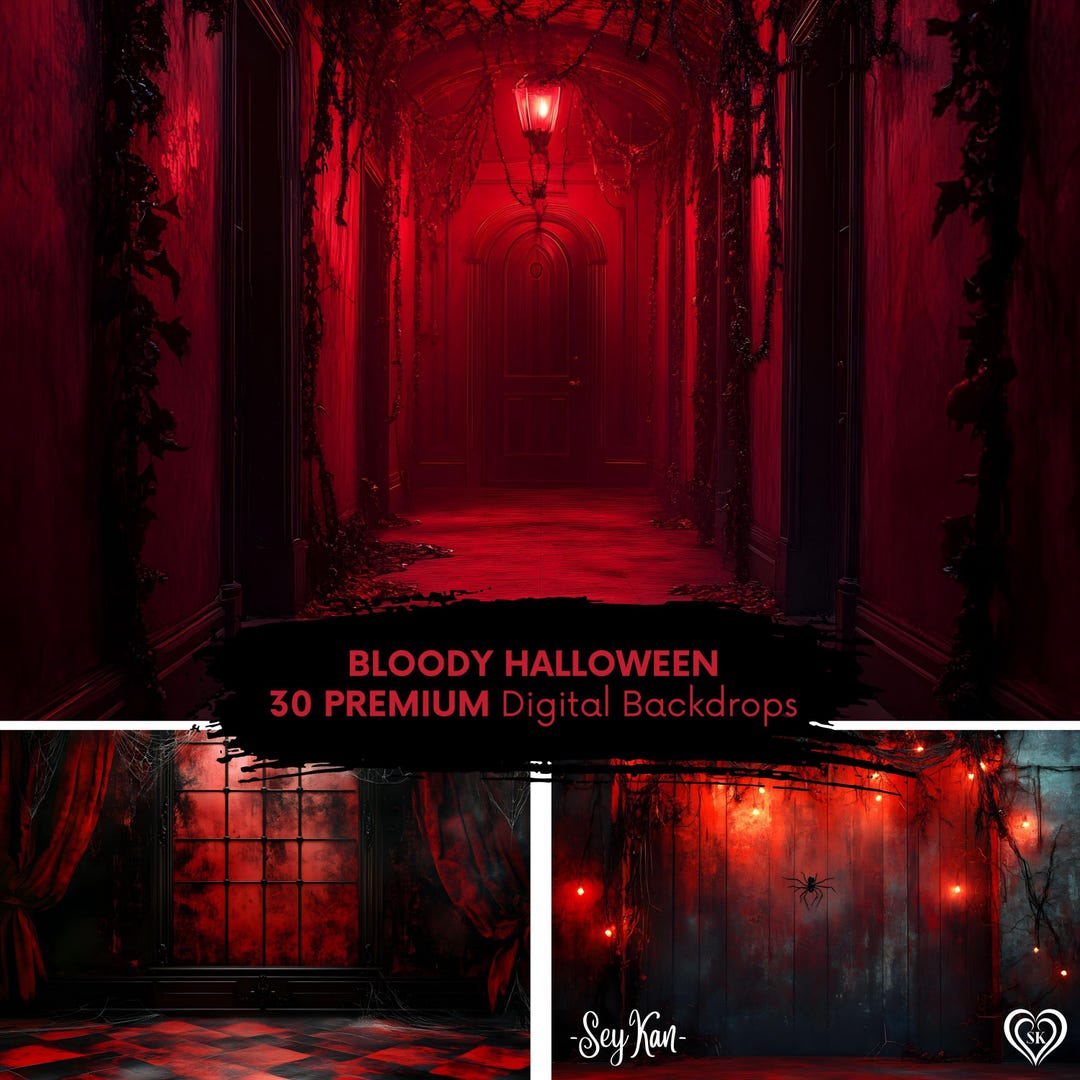 Bloody Halloween DIGITAL BACKDROP Red Haunted Mansion Room Creepy Snake ...