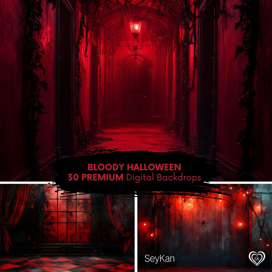 BLOODY HALLOWEEN Digital Backdrop | Red Haunted Mansion Creepy Room ...