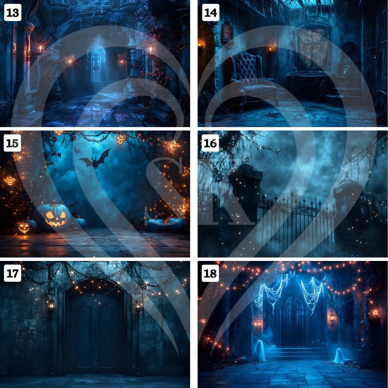 Scary Halloween DIGITAL BACKDROP Horror Dark Blue Haunted Mansion ...