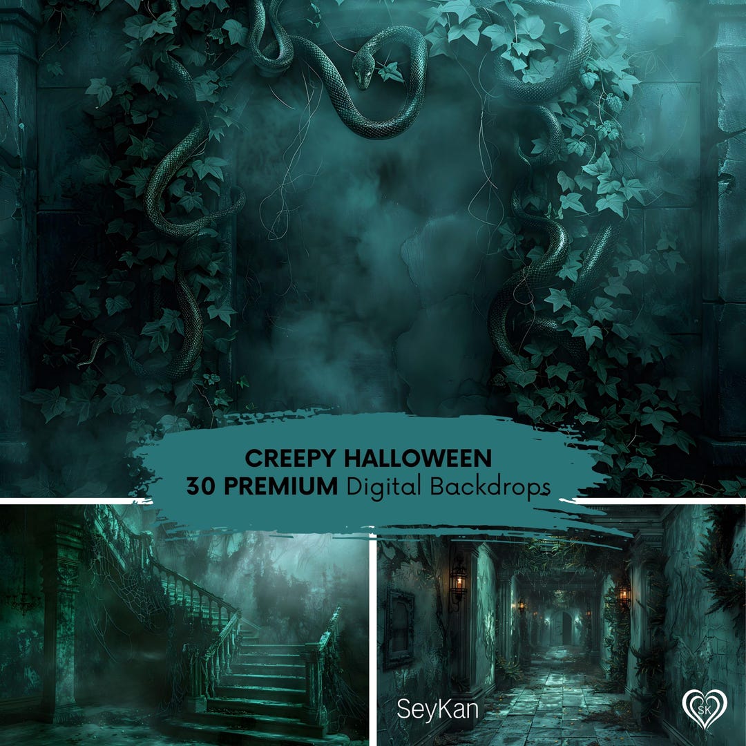 CREEPY HALLOWEEN Digital Backdrop | Horror Emerald Green Snake Mansion ...