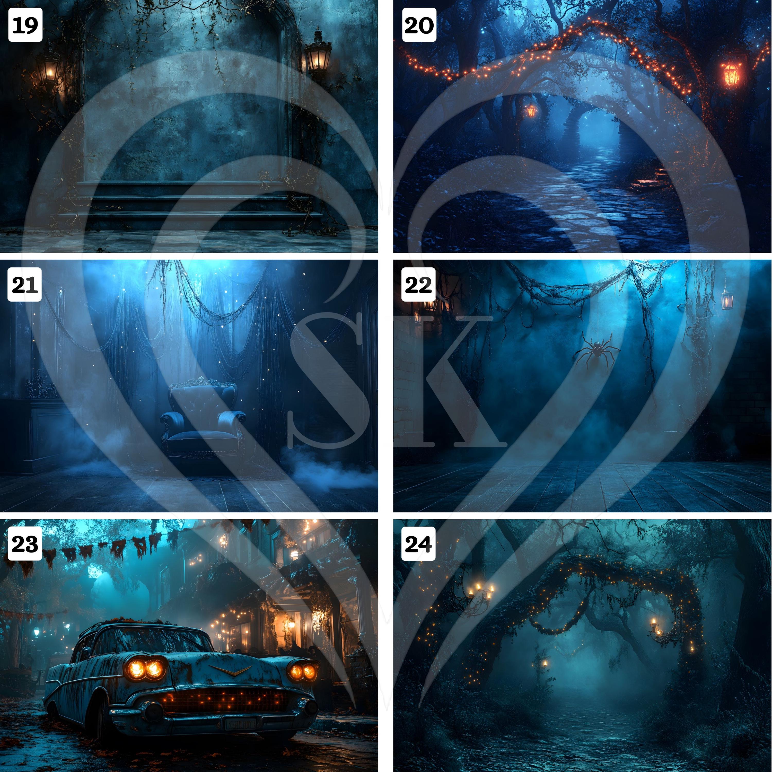 Scary Halloween DIGITAL BACKDROP Horror Dark Blue Haunted Mansion ...