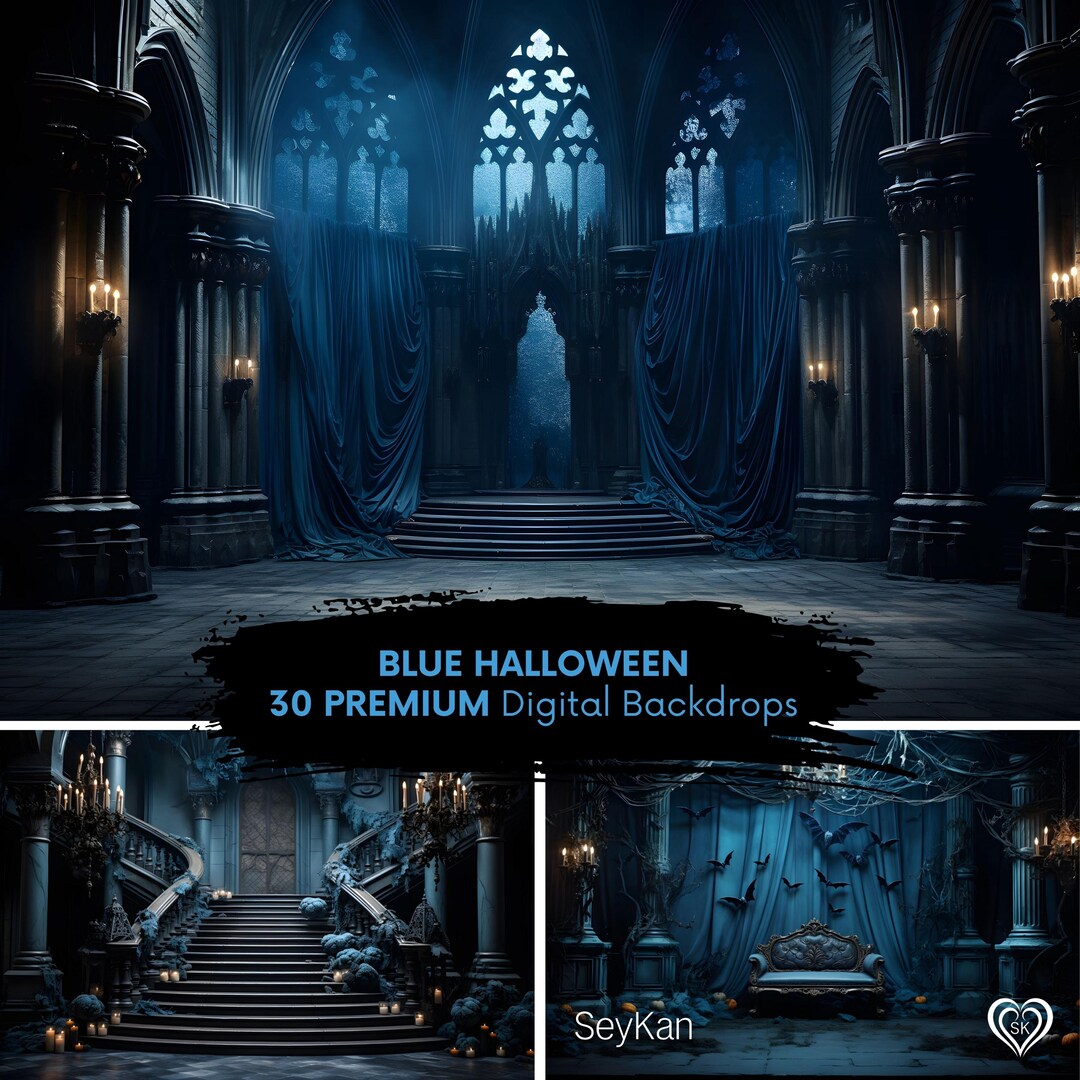BLUE HALLOWEEN Digital Backdrop | Gothic Haunted Castle Dark Fantasy ...