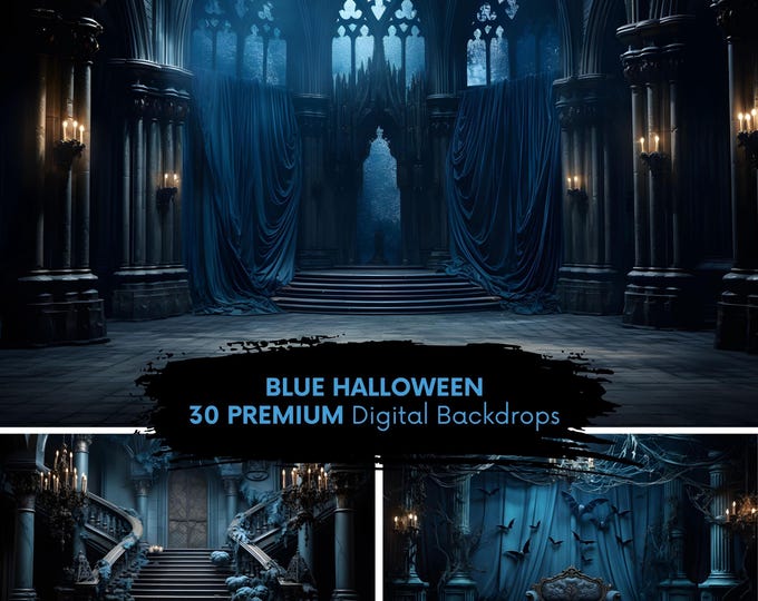 BLUE HALLOWEEN Digital Backdrop | Gothic Haunted Castle Dark Fantasy ...