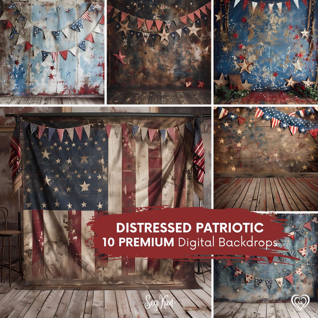 Patriotic Distressed DIGITAL BACKDROP Usa Retro Flag Garland God Bless ...