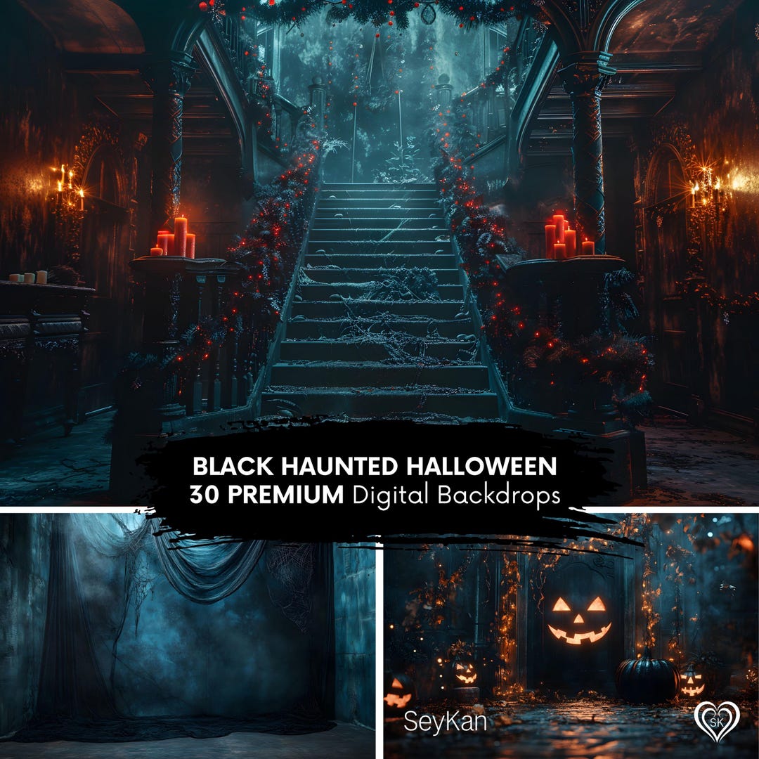 BLACK HAUNTED HALLOWEEN Digital Backdrop | Gothic Haunted Mansion ...