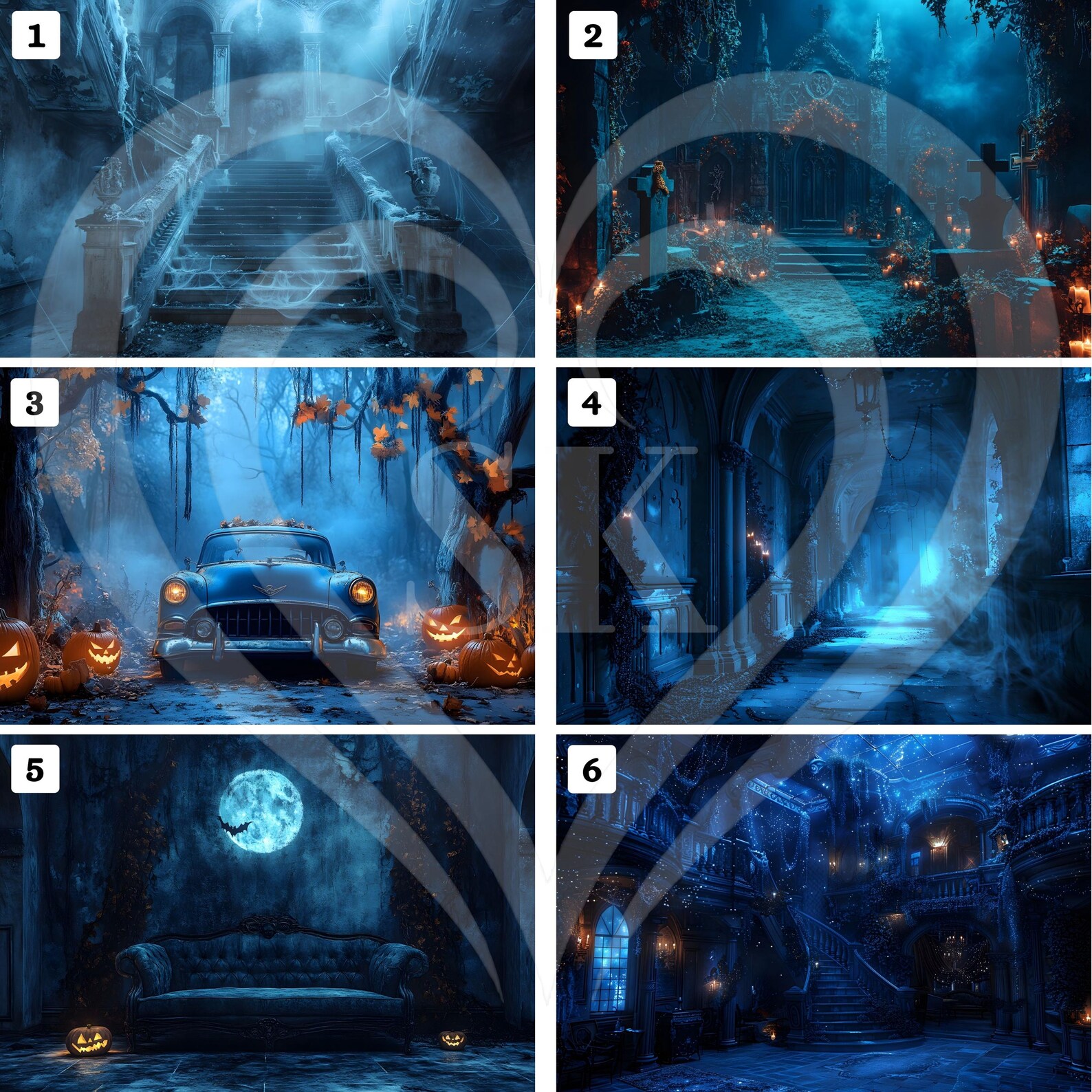 Scary Halloween DIGITAL BACKDROP Horror Dark Blue Haunted Mansion ...