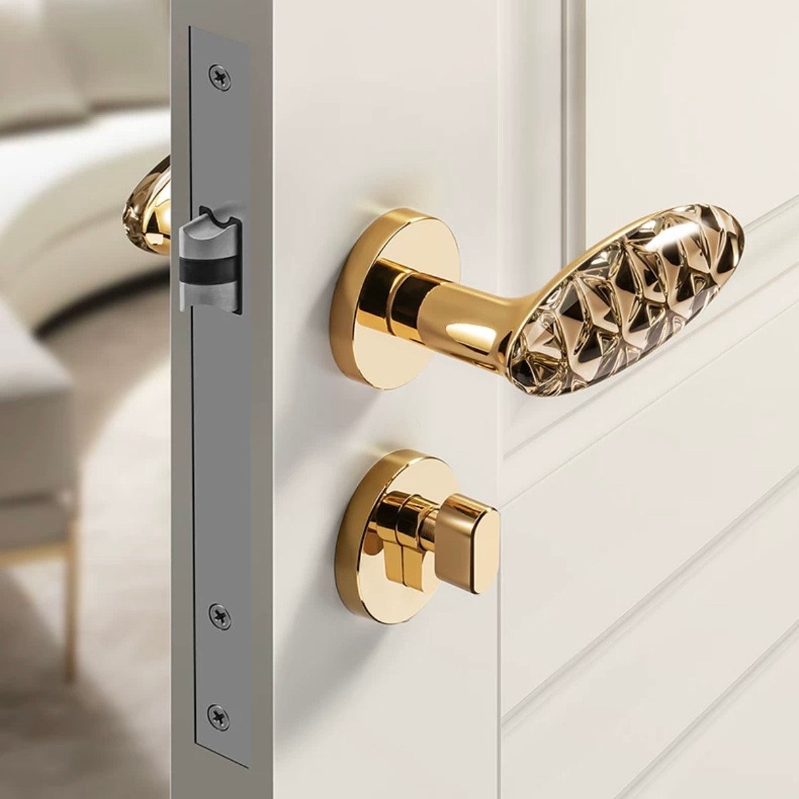 Luxury Design Gold Crystal Interior Door Lever Handle With Secure Lock ...
