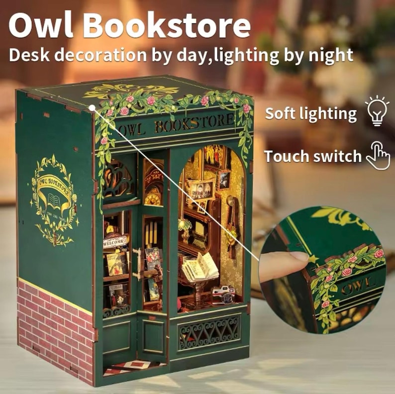 DIY Owl Bookstore Book Nook Kit: Miniature Wooden Dollhouse With Lights ...