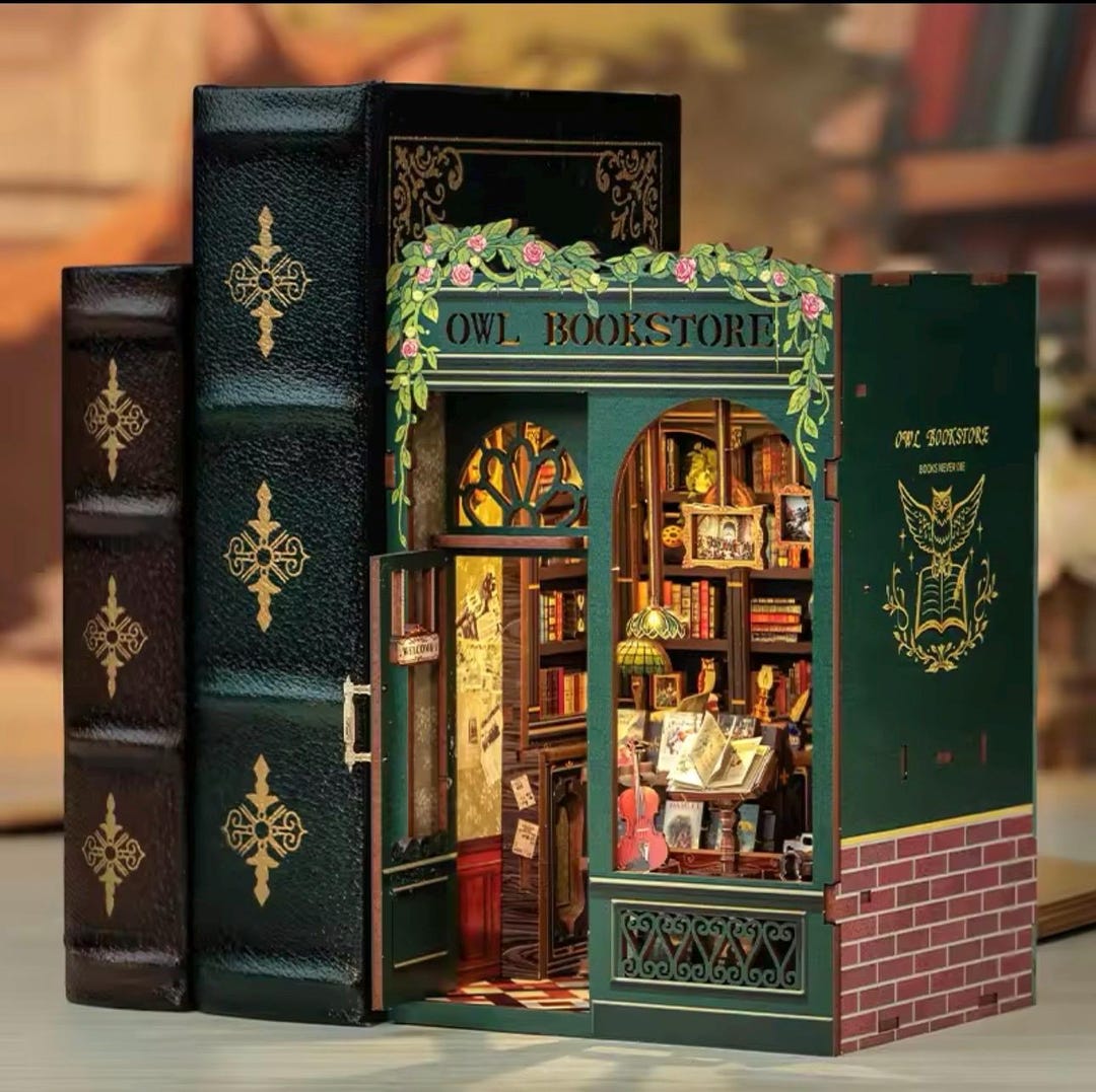 DIY Owl Bookstore Book Nook Kit: Miniature Wooden Dollhouse With Lights ...