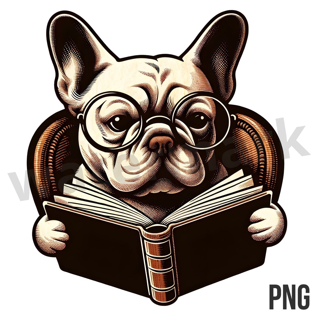 Vintage Style French Bulldog Reading A Book With Glasses PNG, Old ...