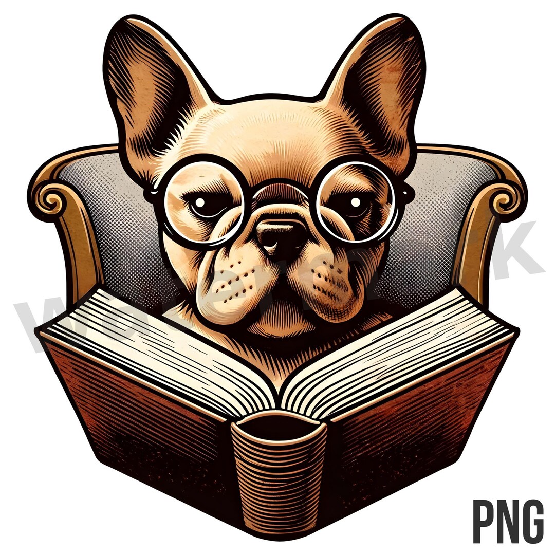 Old-fashioned Frenchie Reading A Book With Glasses PNG, Vintage Style ...