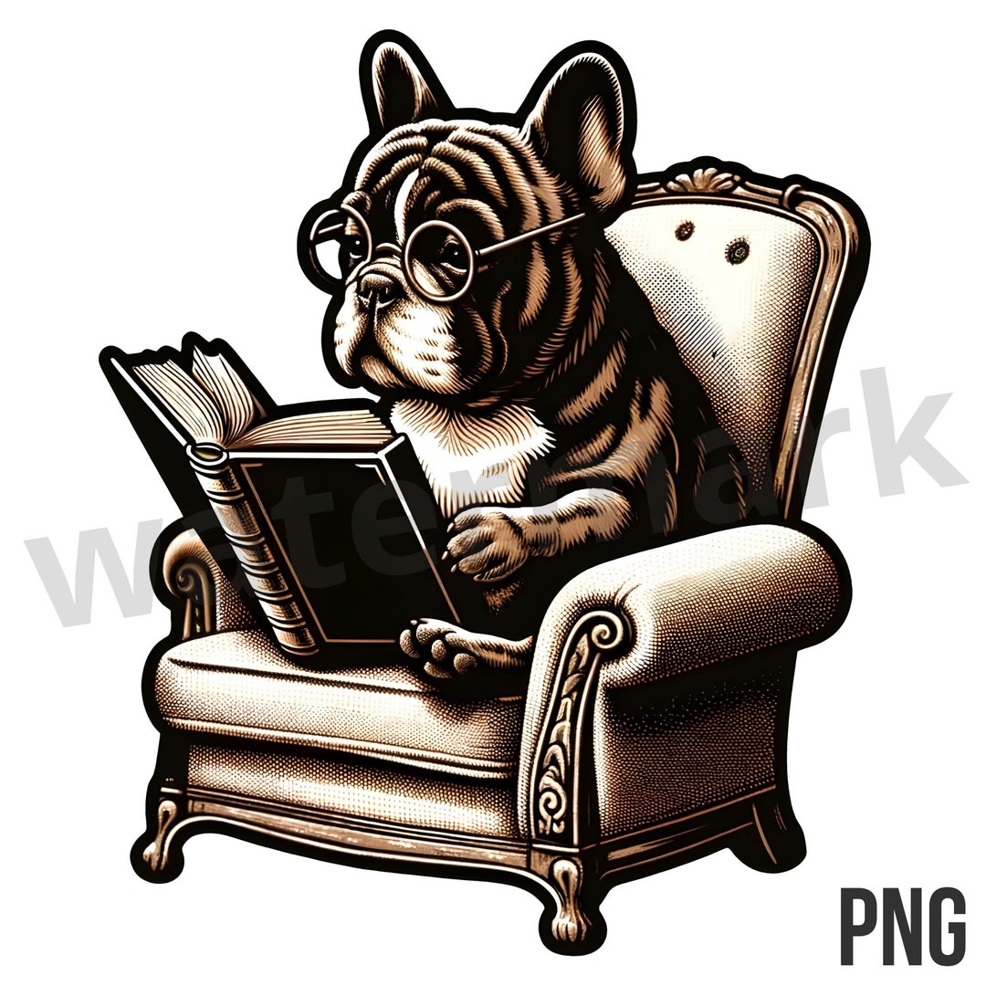Vintage Style Frenchie Reading A Book With Glasses PNG, Old-fashioned ...