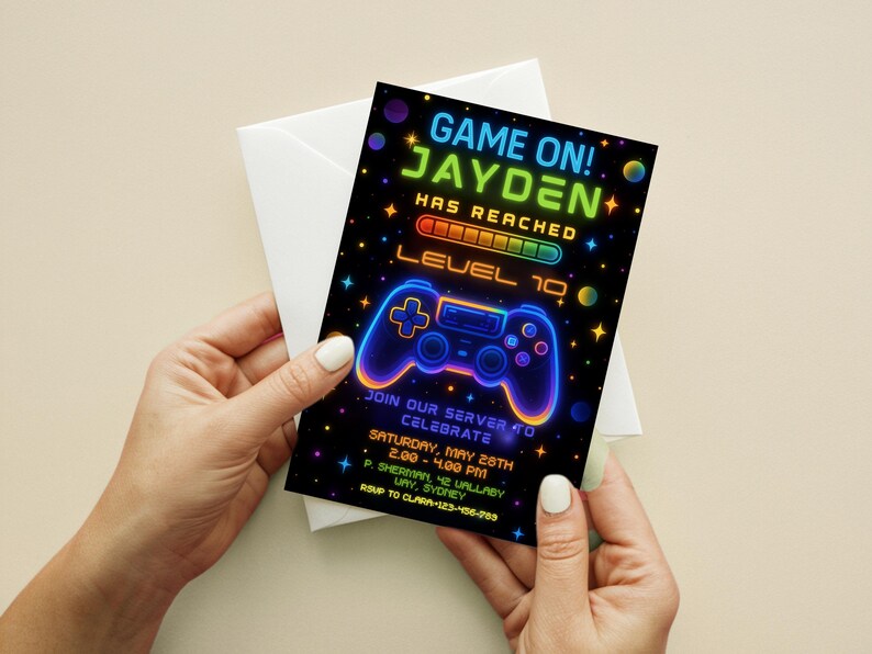 Neon Gamer Birthday Digital Invitation Template – Editable & Printable ...