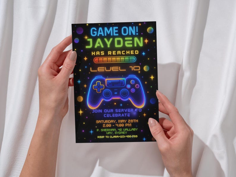 Neon Gamer Birthday Digital Invitation Template – Editable & Printable ...