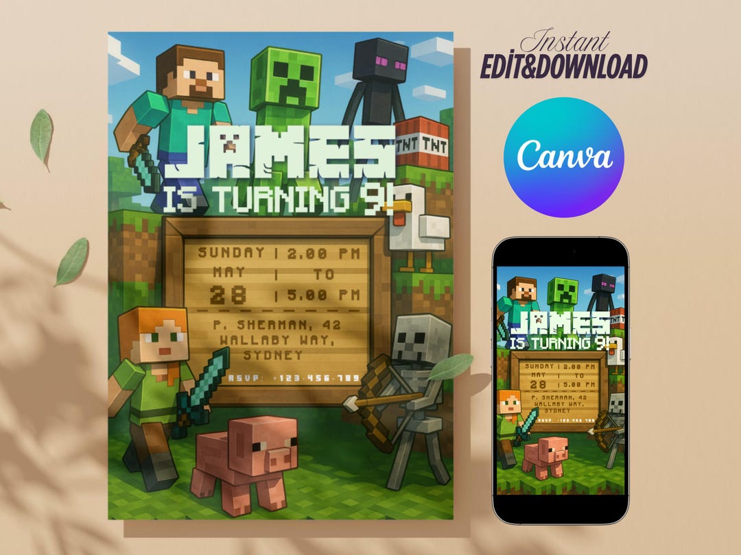 Editable Minecraft Birthday Invitation, Creeper Birthday Invitation ...