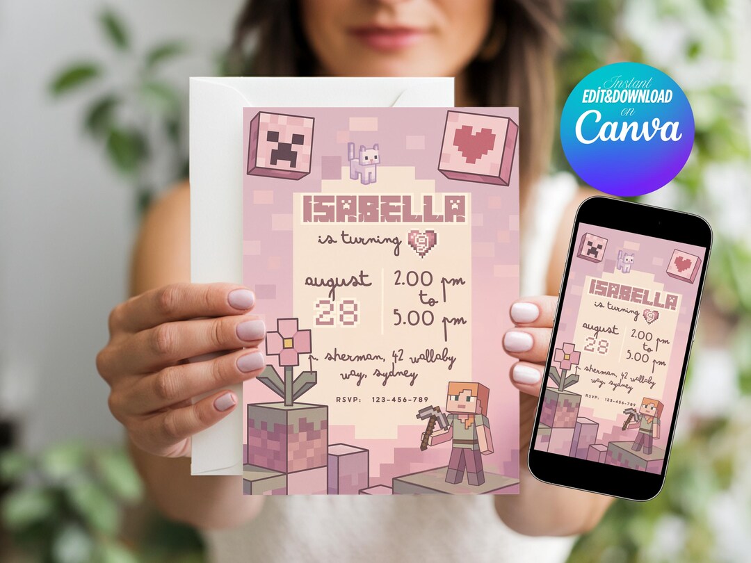 Minecraft Girl Birthday Digital Invitation, Creeper Birthday Invitation ...