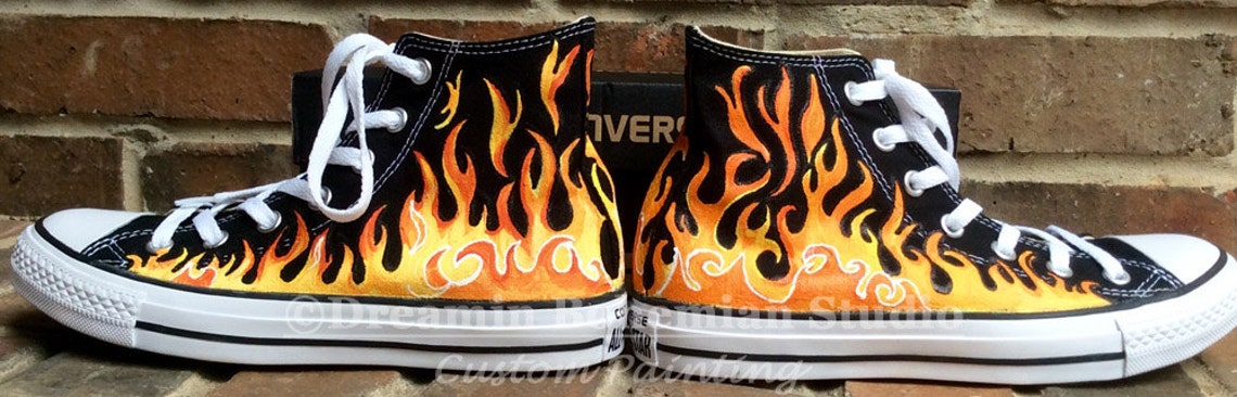 Custom Hand Painted Flames on Black Converse High Tops Fire | Etsy