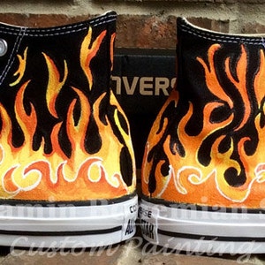 Custom Hand Painted Flames on Black Converse High Tops, Fire Chucks ...