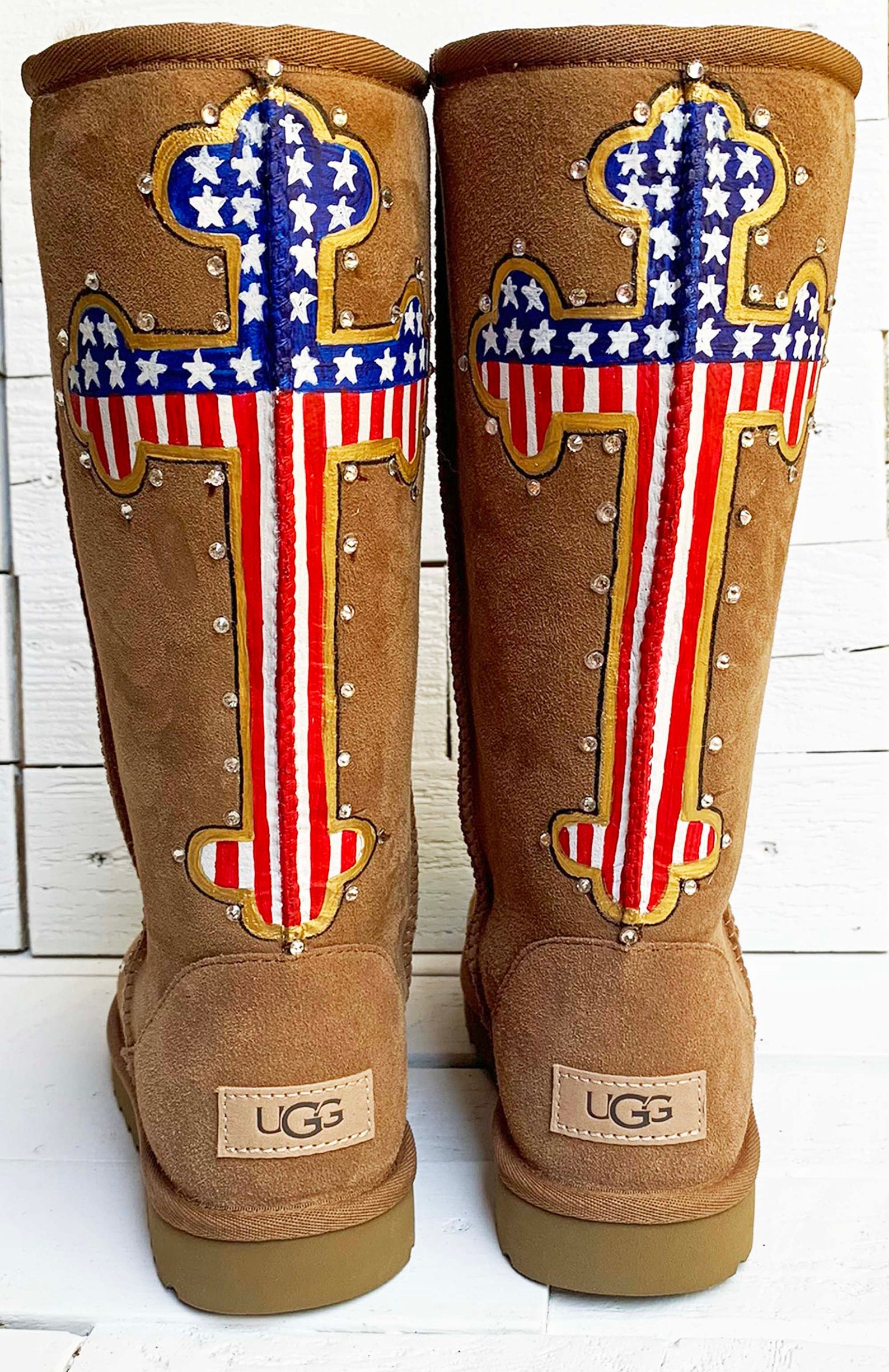 Custom Hand-painted Ugg Boots, American Flag Cross & Bling Design - Etsy