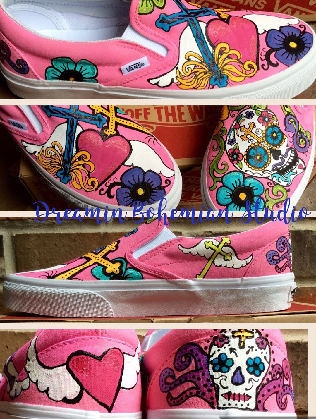 Custom Sneakers Day of the Dead Shoes, Hand Painted Vans Calavera Slip ...