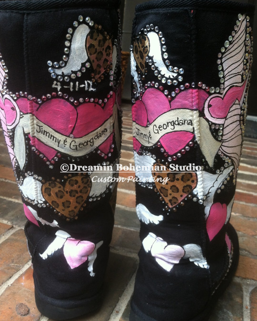 Custom Painted UGG Boots, Vintage Tattoo Lovebirds, Rhinestone Bling - Etsy