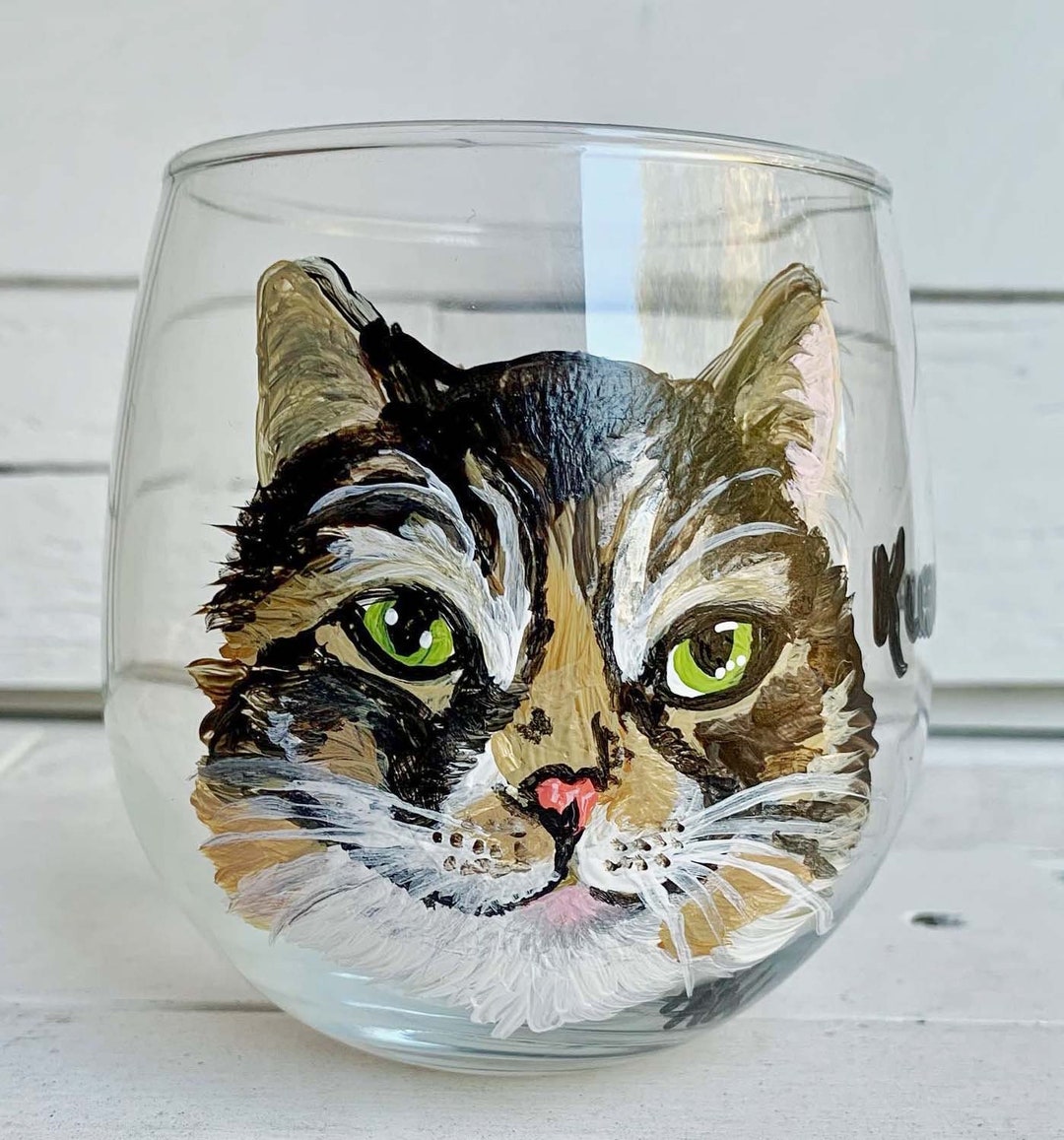 Custom Hand Painted Tabby Calico Cat Wine Glass, Personalized Pet ...