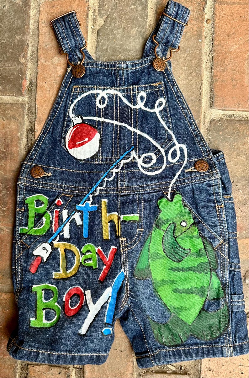 Hand-painted Denim Overalls, Gone Fishing Birthday Outfit - Etsy