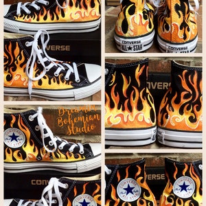 Custom Hand Painted Flames on Black Converse High Tops, Fire Chucks ...