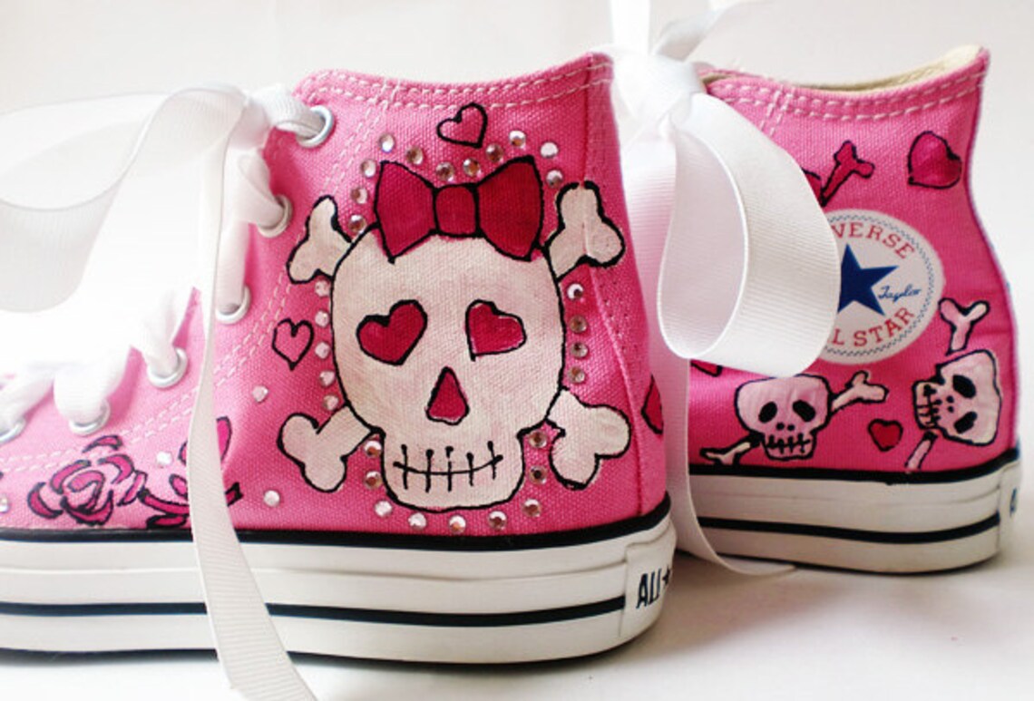 Hot Pink Converse With Painted Skullies Kids Shoes High Tops | Etsy