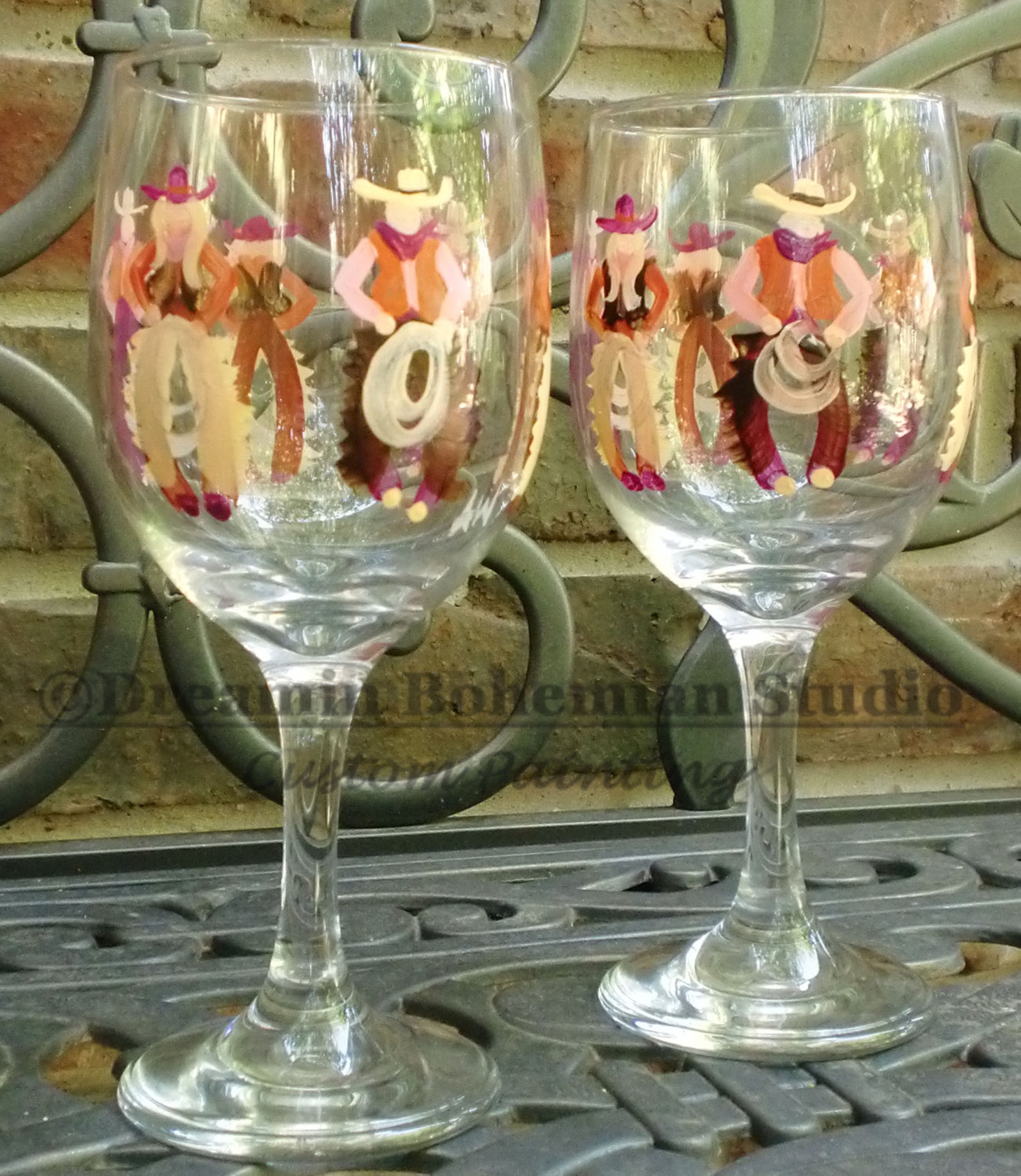 Hand Painted Cowboy and Cowgirl Stemless Wine Glass, Stemware, Shades ...