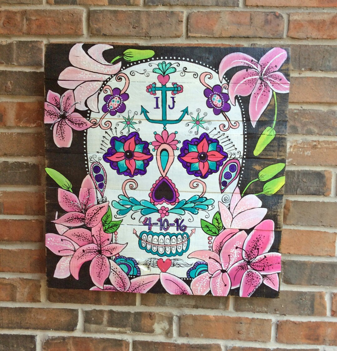 Custom Sugar Skull Wood Sign, Pink Tiger Lilies, DOTD Home Decor - Etsy