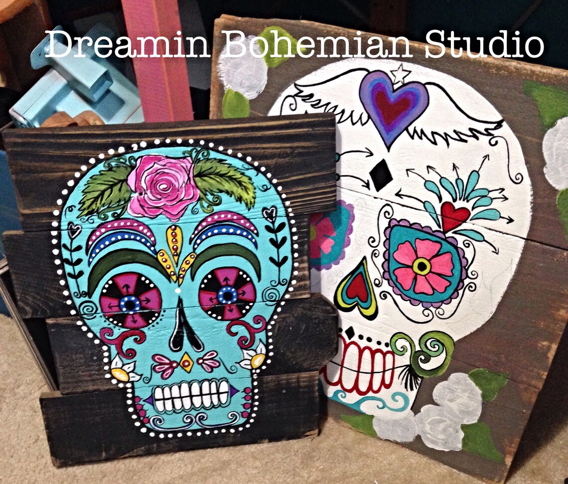 Dia De Los Muertos Skull Wall Decor, Mexican Folk Art, Painting Pallet ...