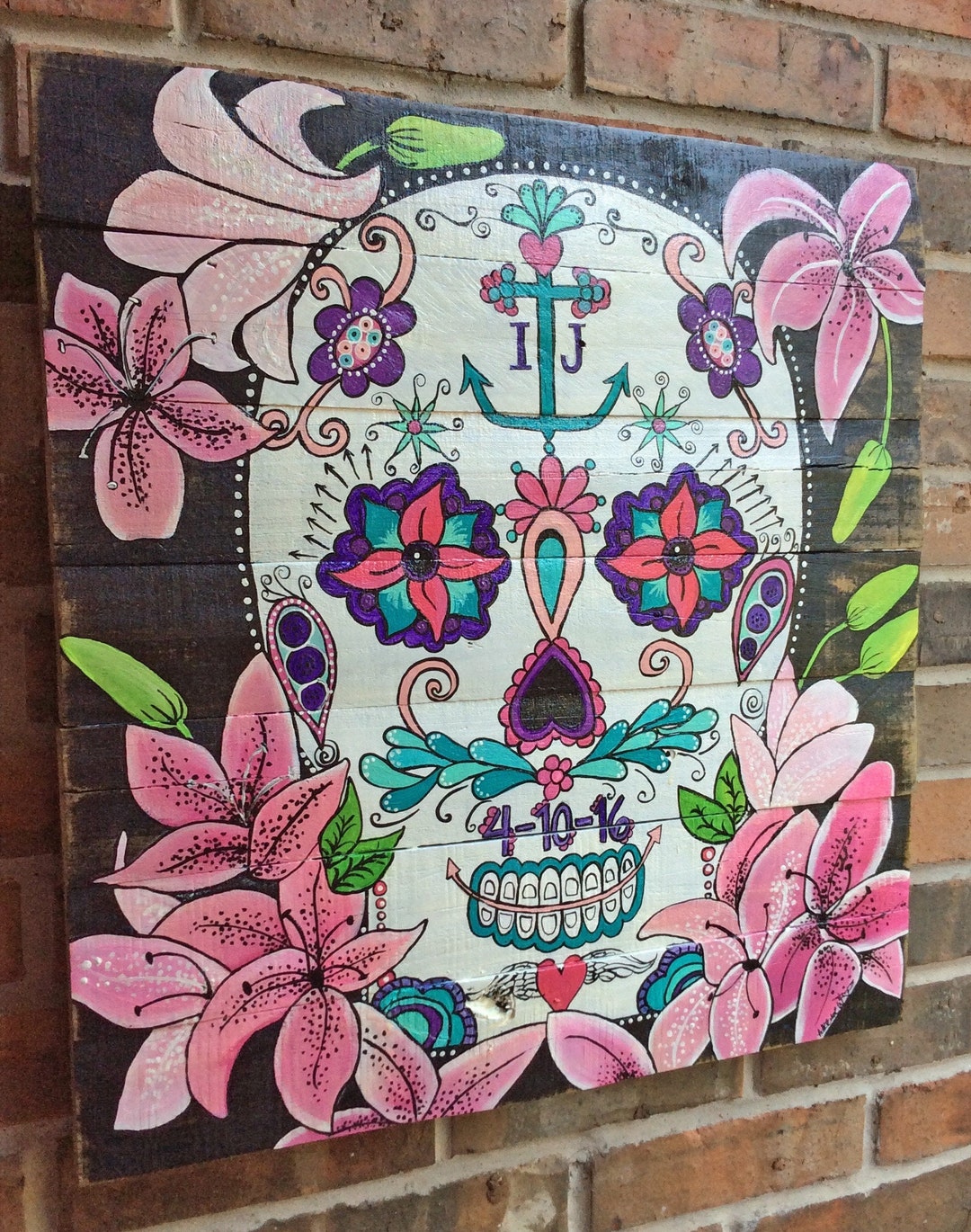 Personalized Sugar Skull and Pink Lillies Hand Painted Wall Art on ...