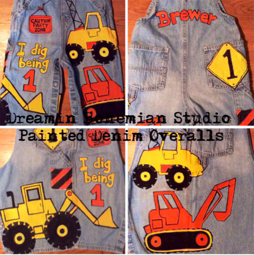 Denim Painted Overalls in Custom Work Zone Theme CONSTRUCTION Little ...