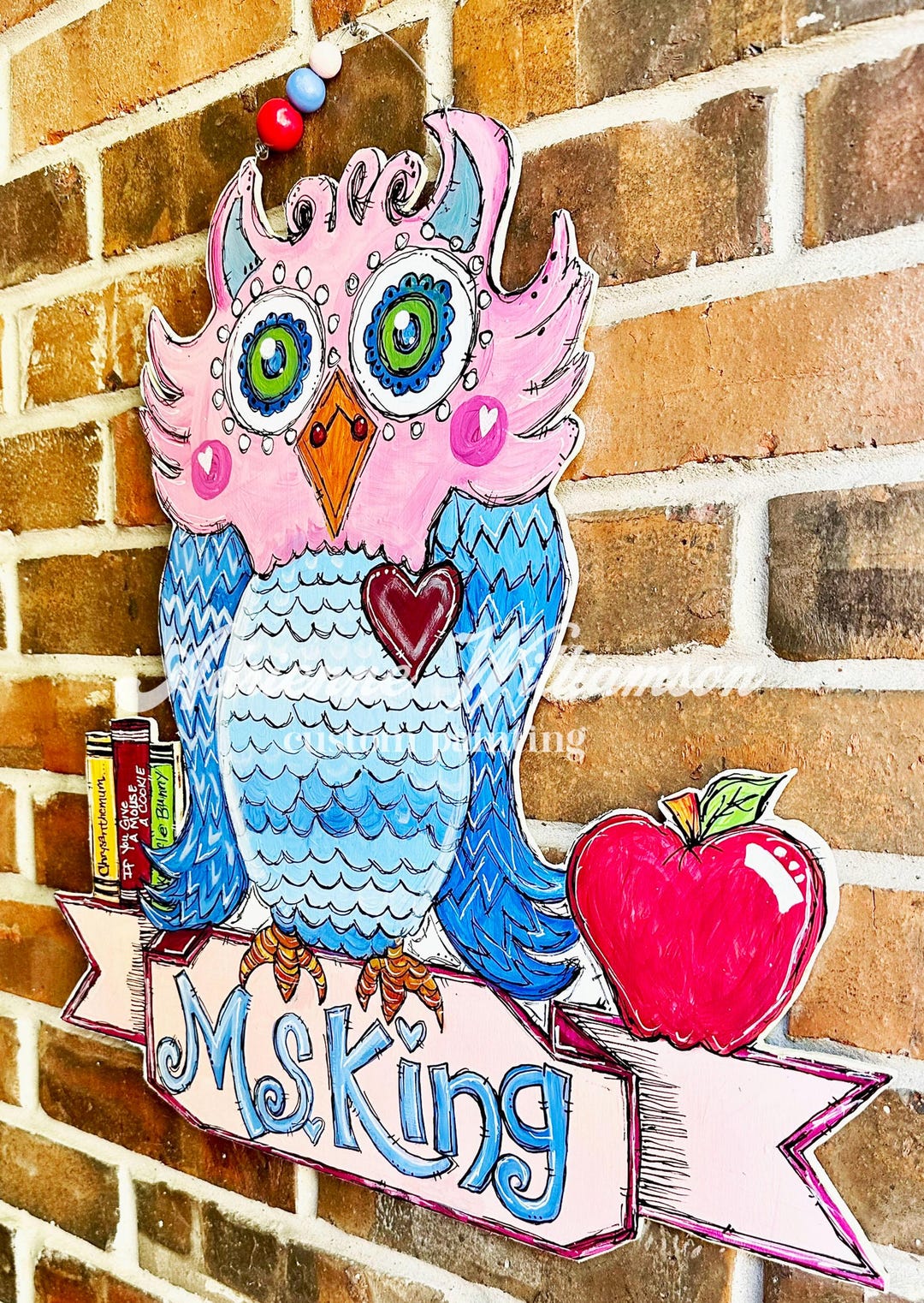 Custom Hand Painted Owl Classroom Door Sign With Apple and Books - Etsy