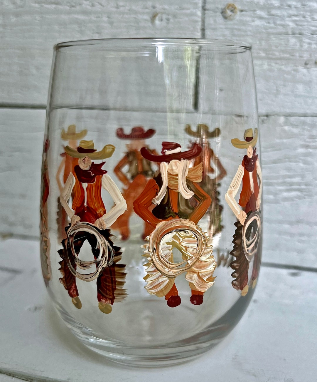 Hand Painted Cowboy and Cowgirl Stemless Wine Glass, Stemware, Shades ...