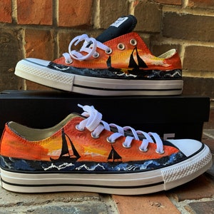 Converse High or Low Tops Painted Sailboats and Sunsets on Black ...