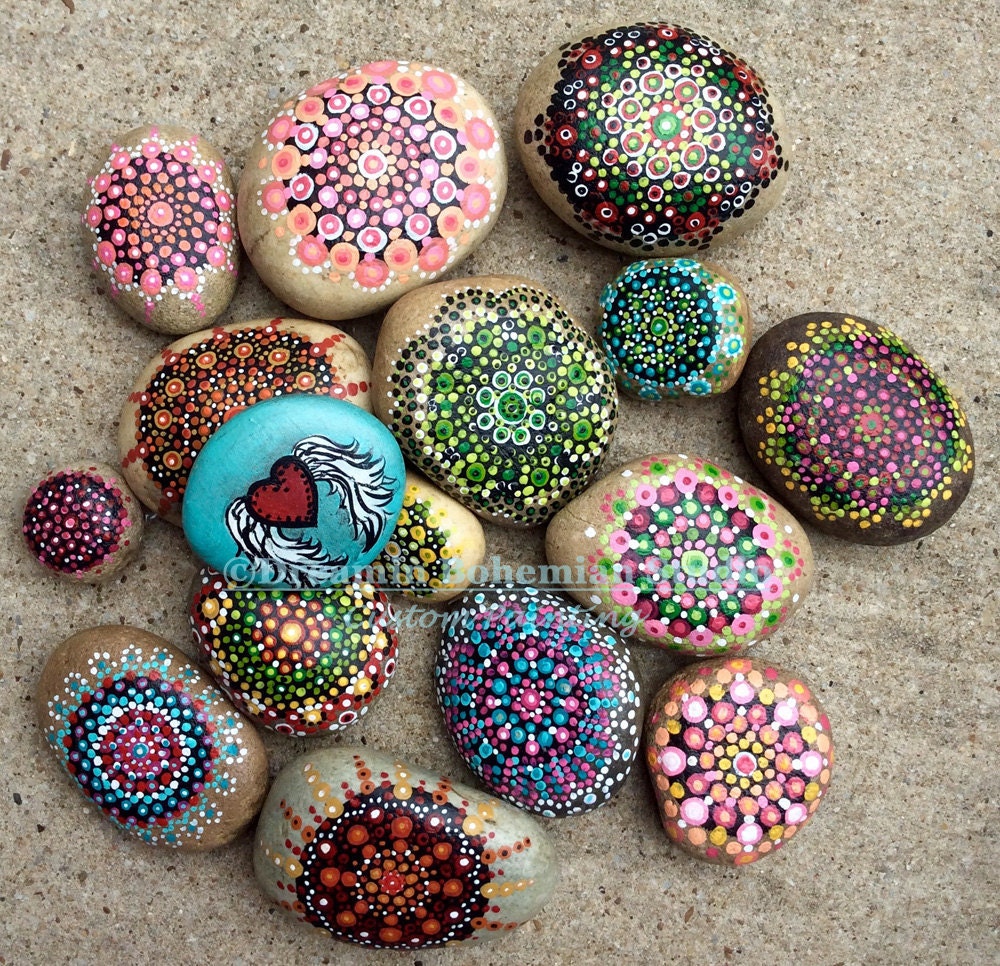 Painted Rocks Art Stone Aqua Red Black and White Zen | Etsy