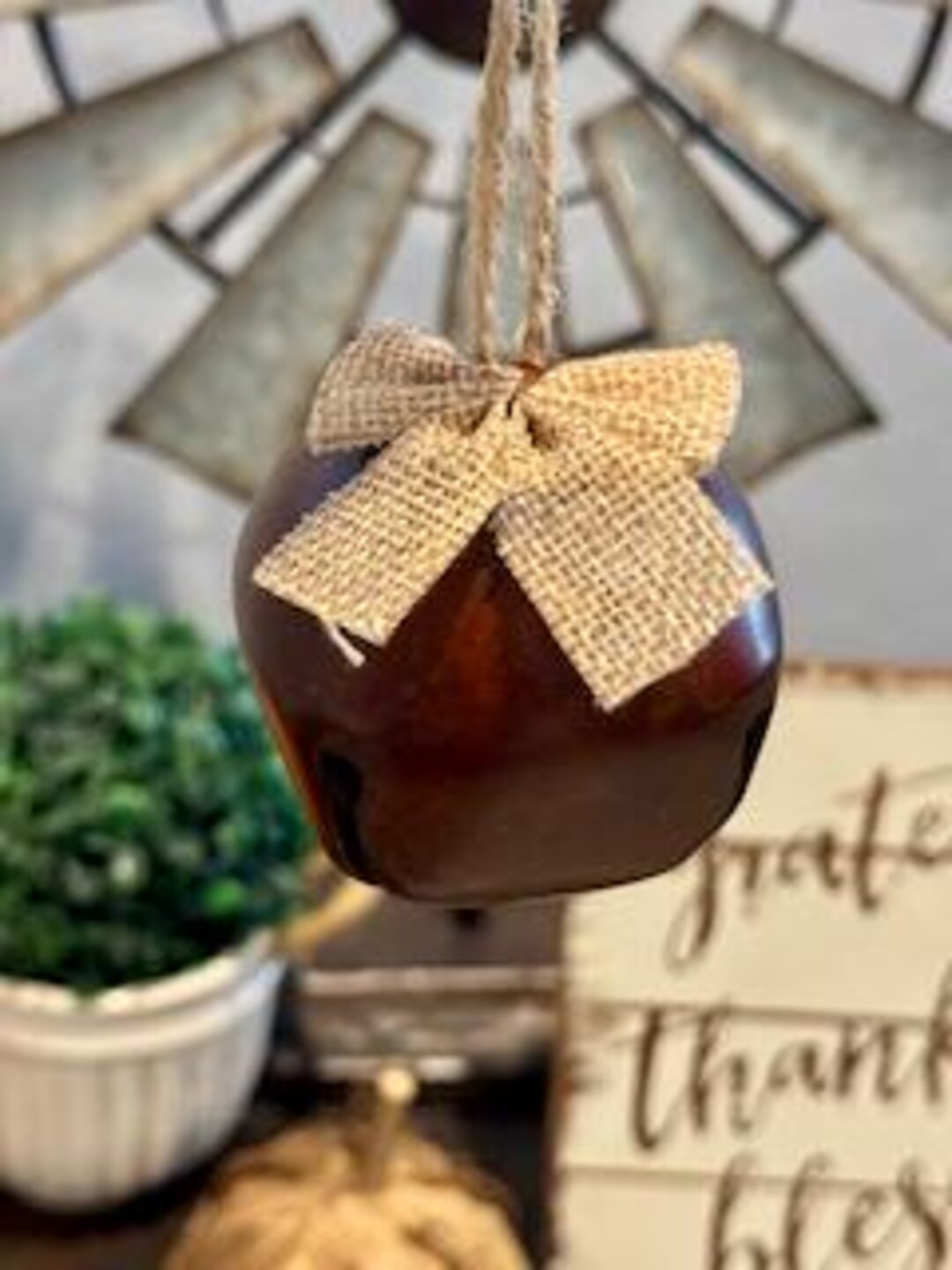 Rustic Vintage Jingle Bells With Burlap Ribbon and Twine Accents set of ...