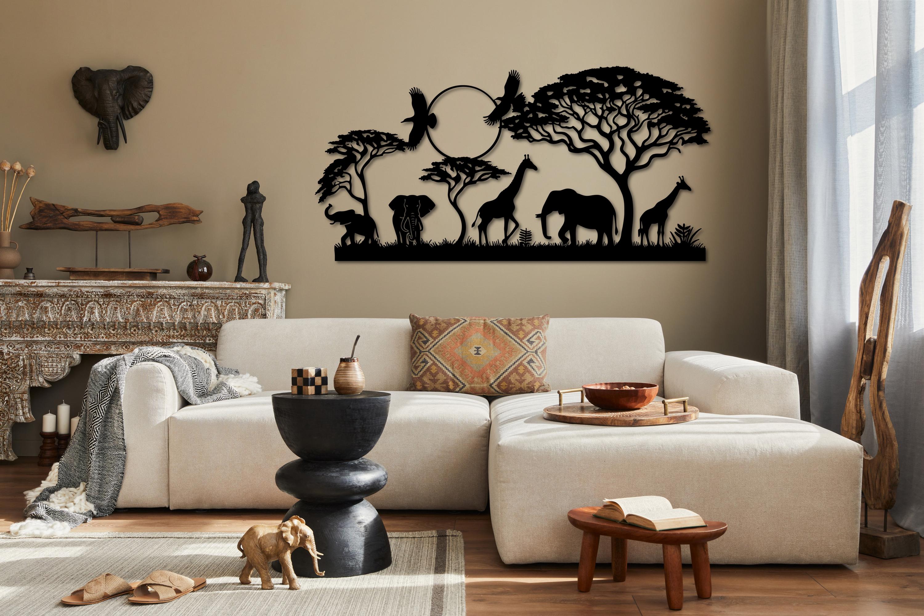 African Safari Metal Wall Art, Wildlife Silhouette Decor, Elephant and ...