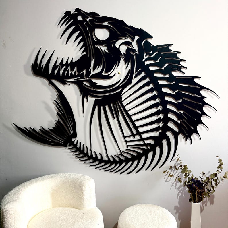 Metal Fish Skeleton Wall Art, Gothic Ocean Home Decor, Fishbone Line ...