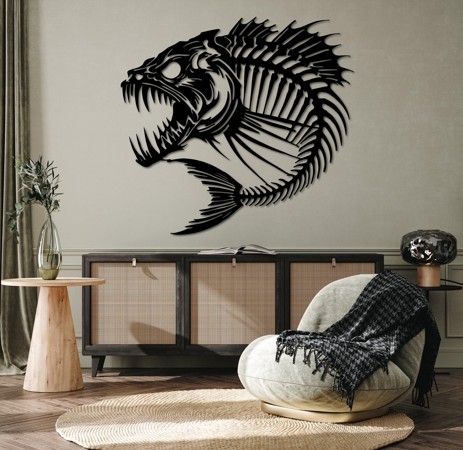 Metal Fish Skeleton Wall Art, Gothic Ocean Home Decor, Fishbone Line ...