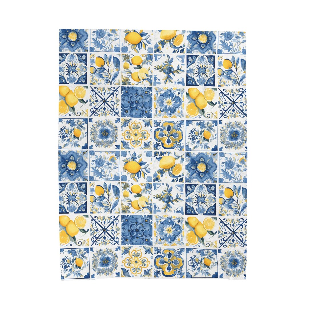 Mediterranean Lemon Azulejo Tiles Blanket, Velveteen Plush Throw, Cozy ...