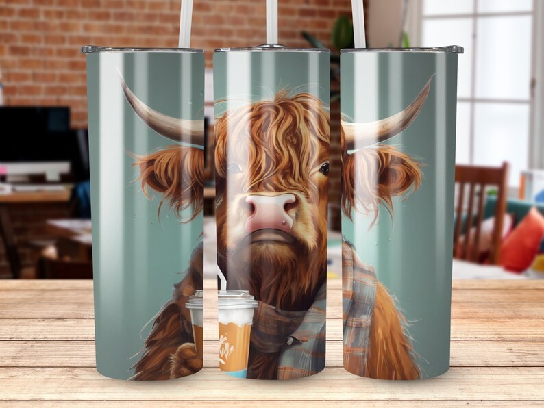 Cute Highland Cow Drinking Coffee Digital PNG Tumbler Wrap, Funny Farm ...