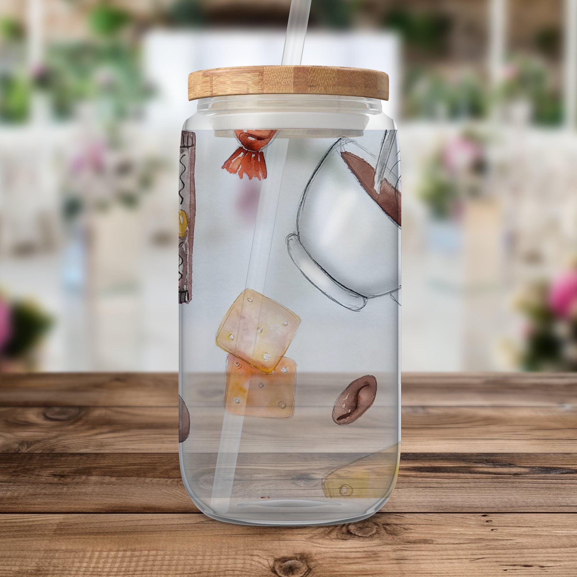 Coffee Lover Can Glass, Coffee Beans and Treats Design, Unique Iced ...