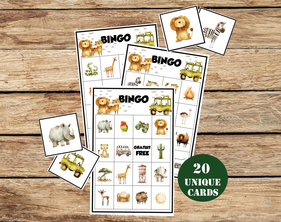 Bingo Birthday Game Jungle Safari Animal Lion / Loto Game / 20 Cards ...