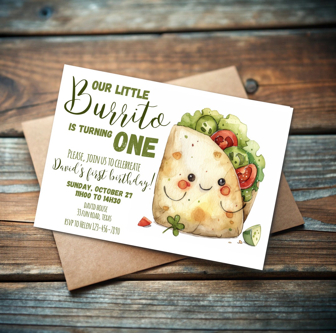 Birthday Invitation Card Template for First Birthday Cute Little Burrito Taco Turning One 1st ...