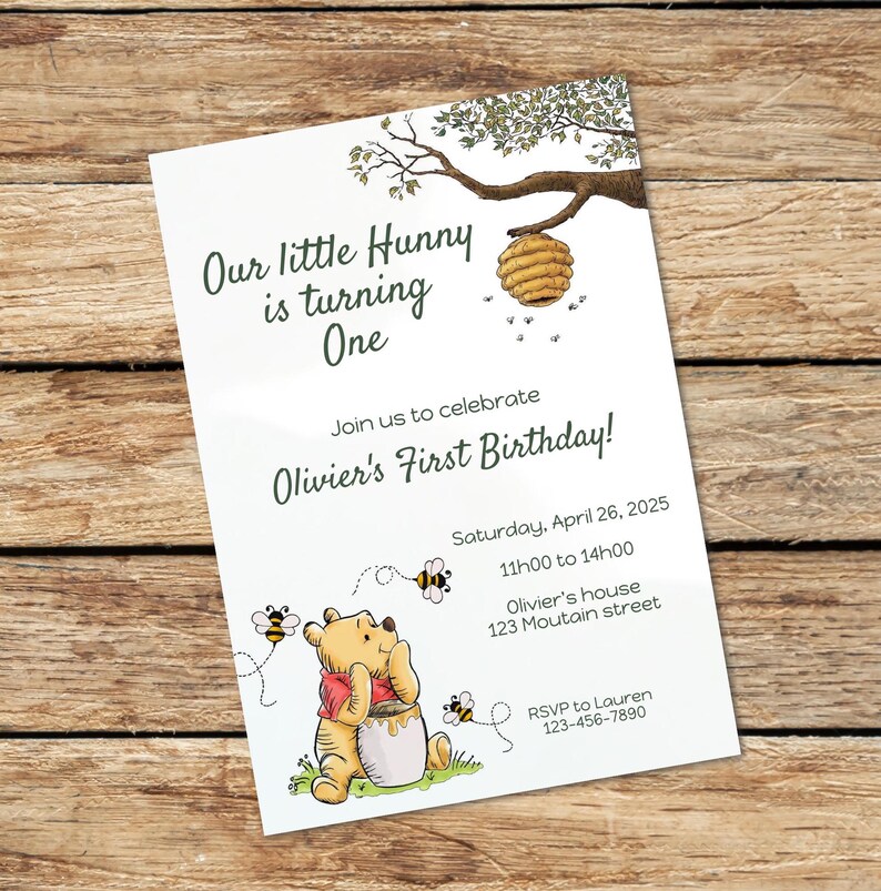 Editable Winnie the Pooh Hunny Birthday Invitation Template, Printable ...