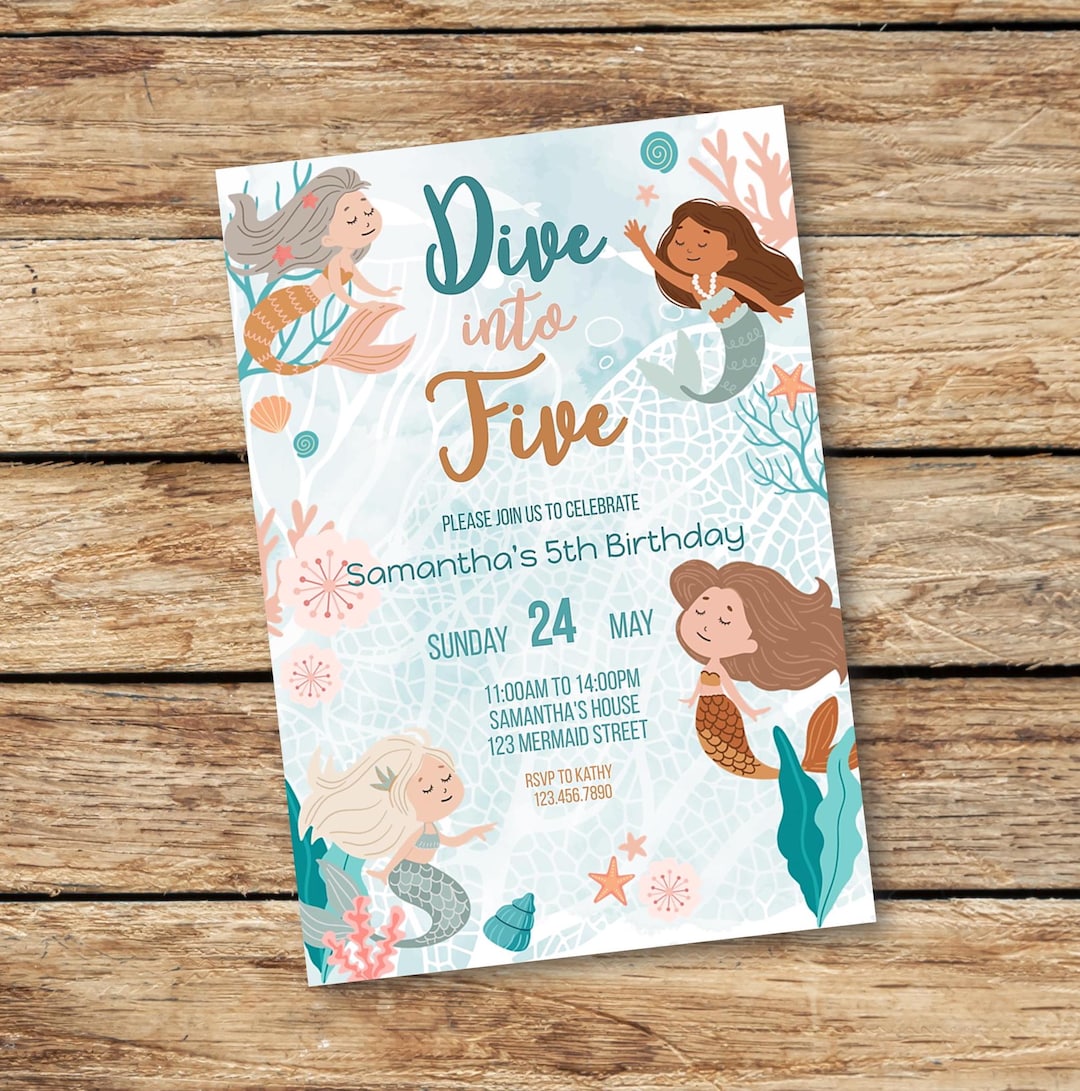 Editable Mermaid Dive Into Five Birthday Invitation Template, Printable ...