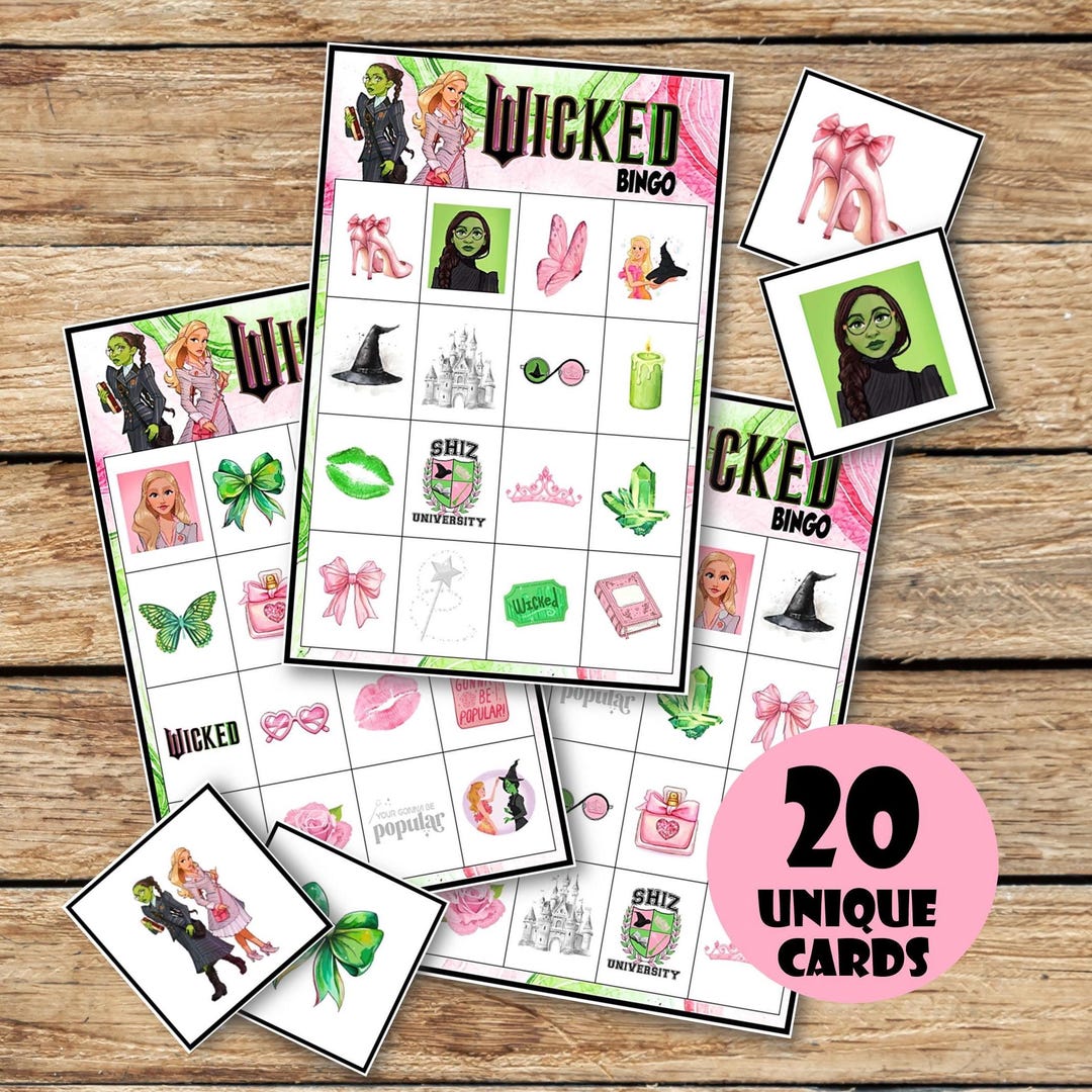 Bingo Lotto Birthday Game for Kids Wicked Witches Magic Pink and Green ...